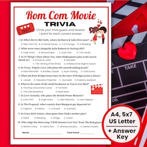 Rom Com Movie Trivia Quiz, Galentines Trivia, Romantic Comedy Trivia ...