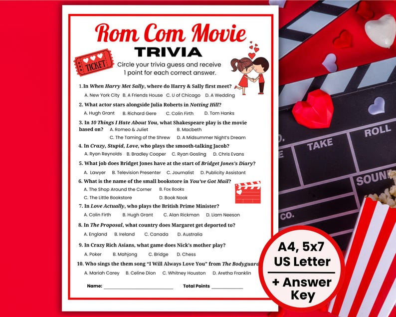 Rom Com Movie Trivia Quiz, Galentines Trivia, Romantic Comedy Trivia ...