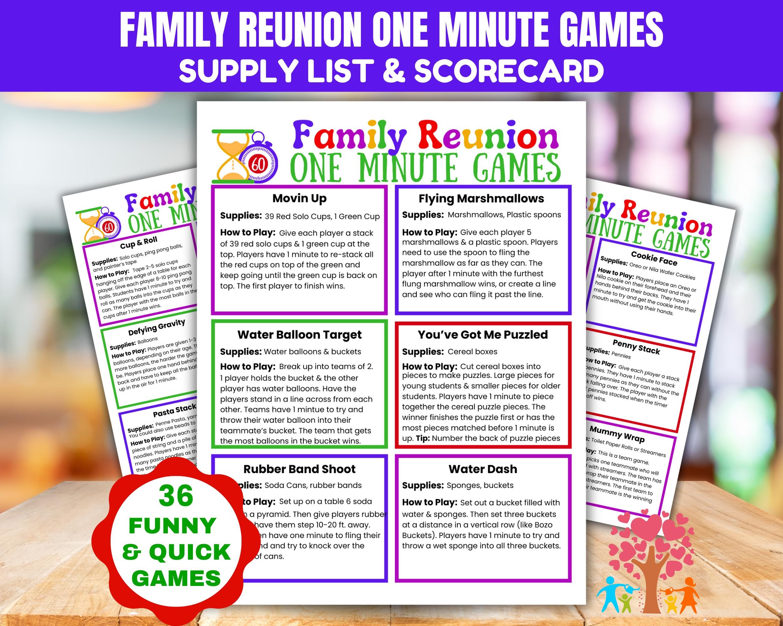 Family Reunion Minute to Win It Games, Fun Games for Reunion, Quick One ...
