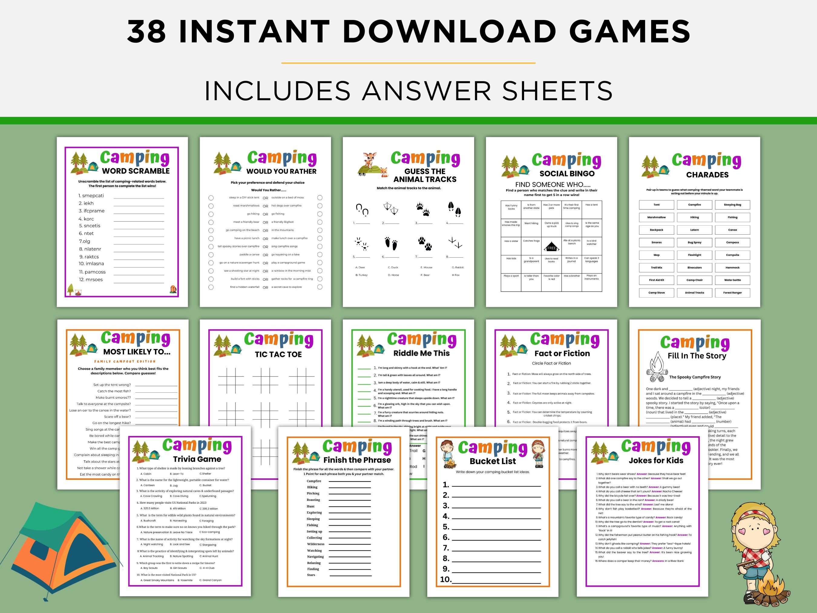 Camping Games Printable, Camping Activities, Camping Games Kids Familes ...