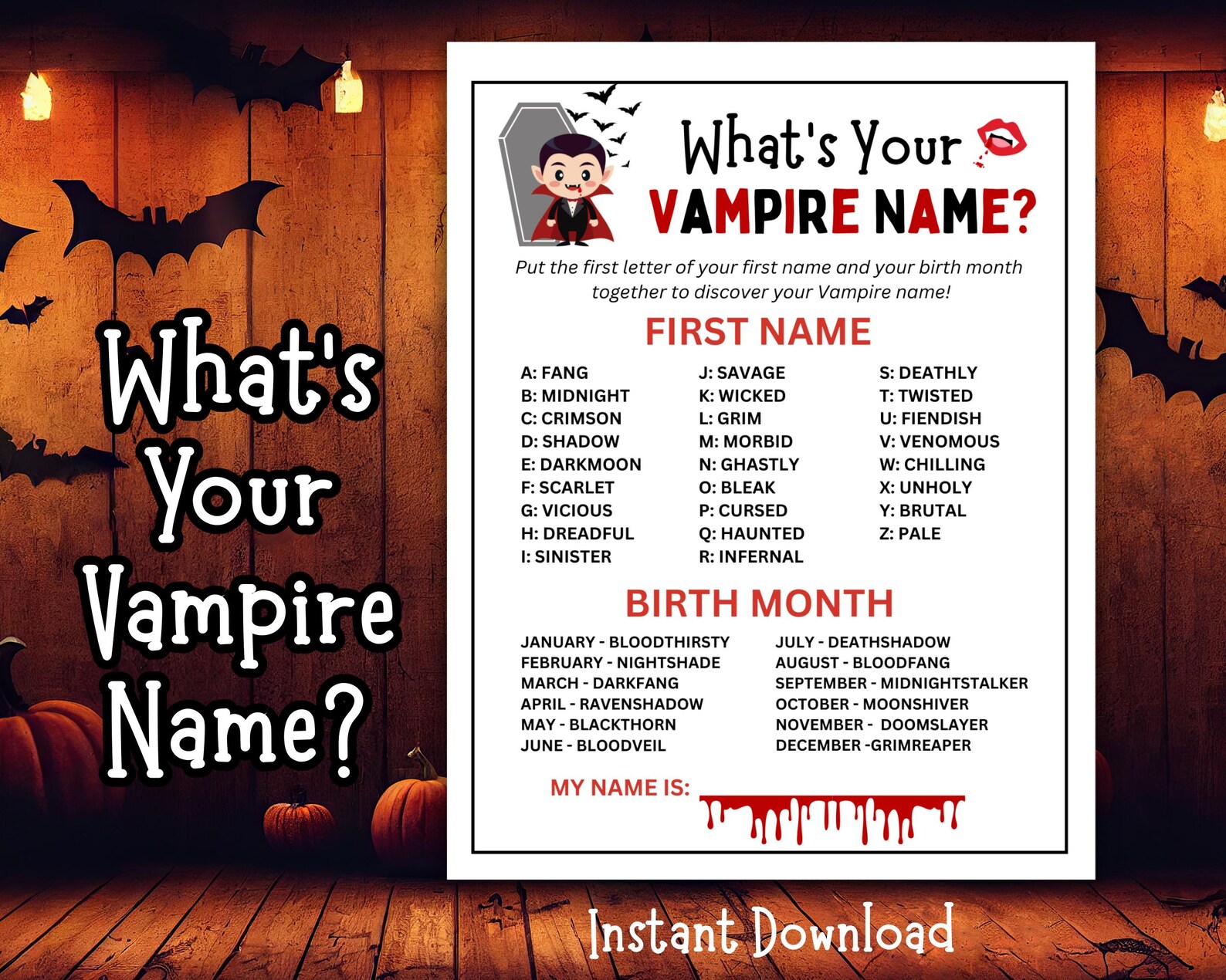 Vampire What's Your Name Game, Halloween Name Game Printable, Teen ...