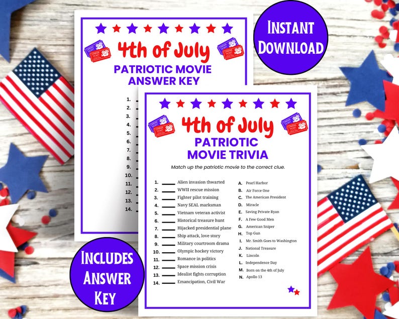 4th of July Movie Trivia Game, 4th of July Games, Patriotic Trivia ...