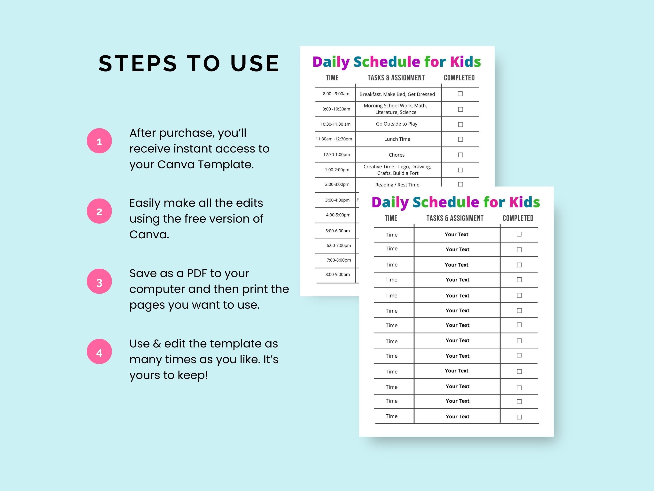 Editable Summer Schedule for Kids, Daily Kids Schedule Chart, Editable ...