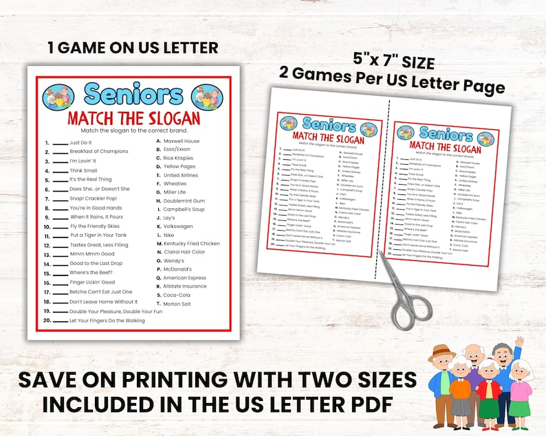 Senior Slogans Game, Ad Slogan Trivia Game for Seniors, Senior Party ...