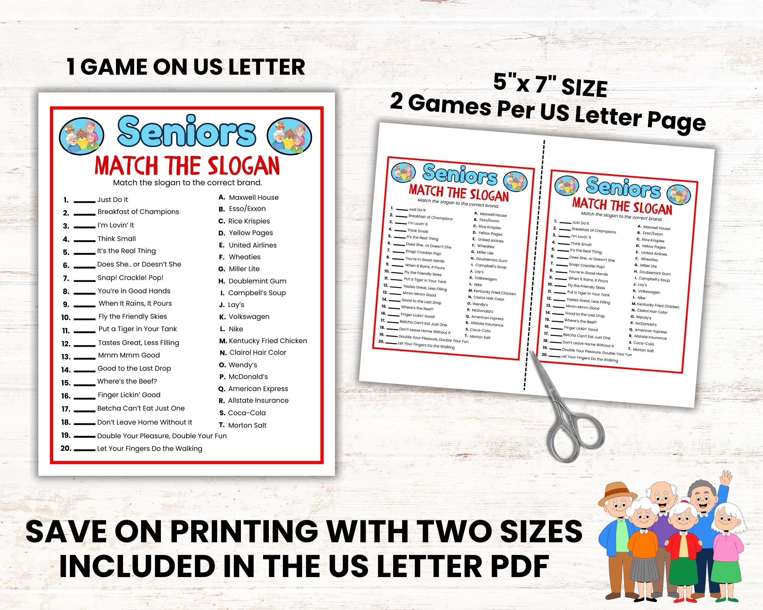 Senior Slogans Game, Ad Slogan Trivia Game for Seniors, Senior Party ...