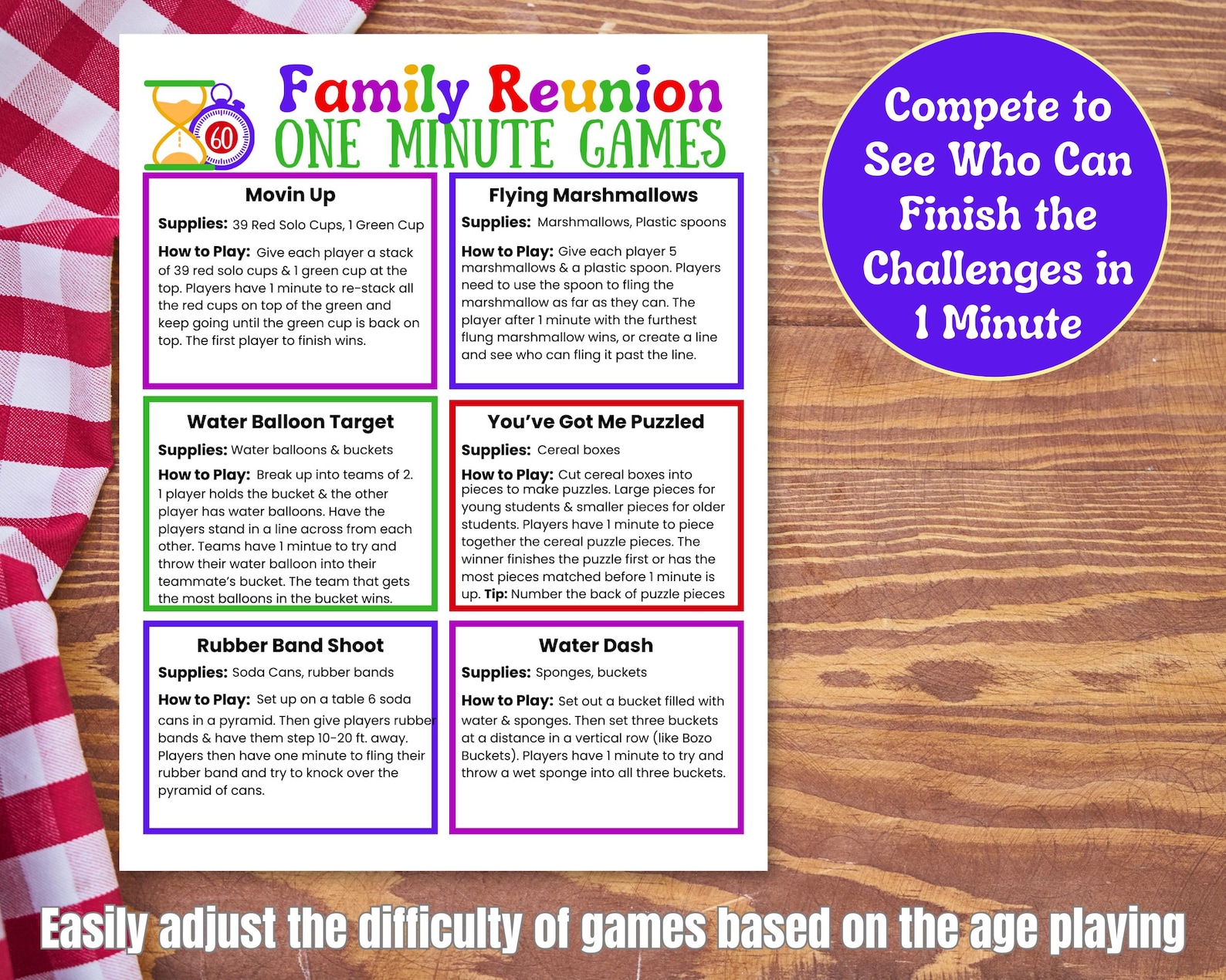 Family Reunion Minute to Win It Games, Fun Games for Reunion, Quick One ...