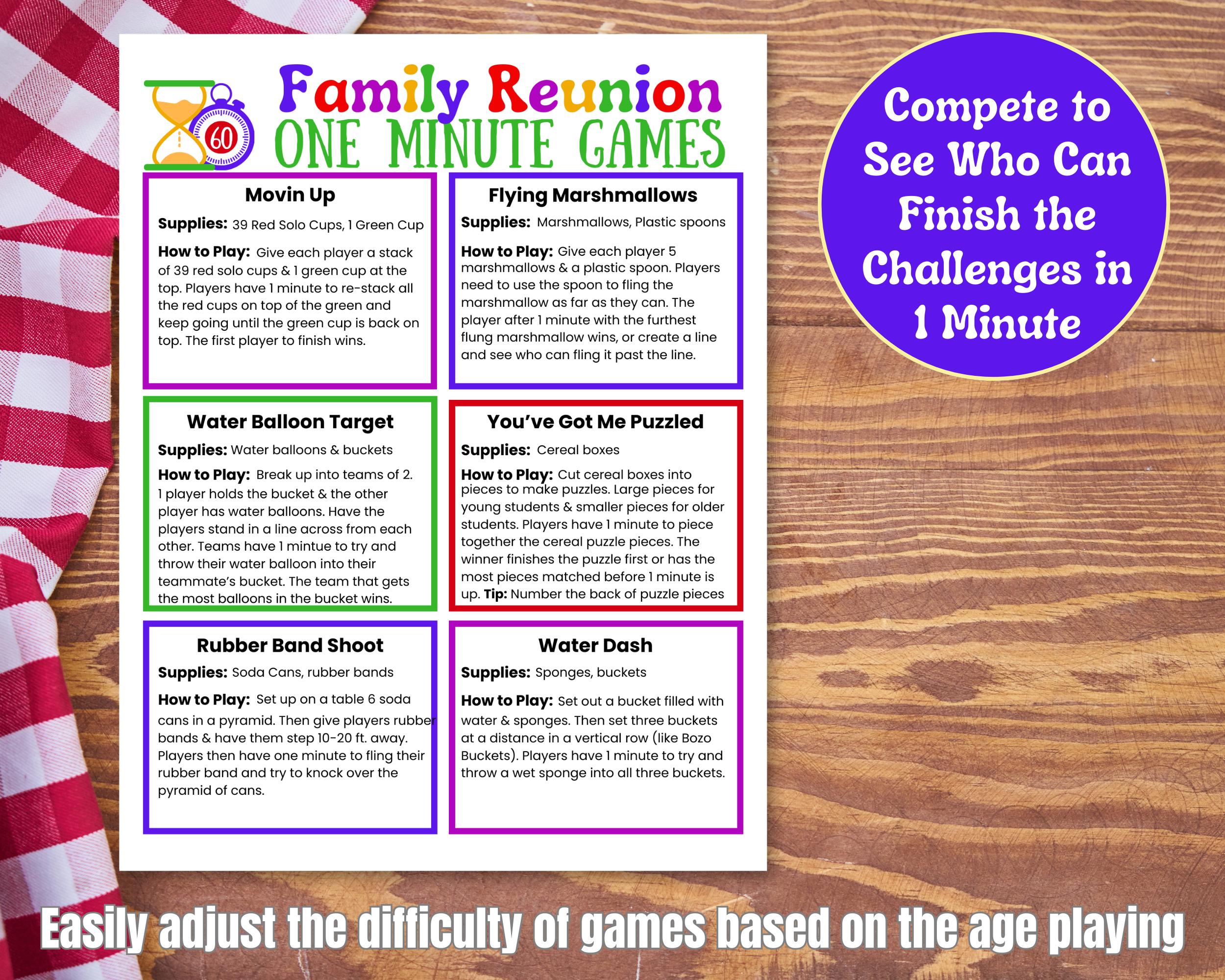 Family Reunion Minute to Win It Games, Fun Games for Reunion, Quick One ...