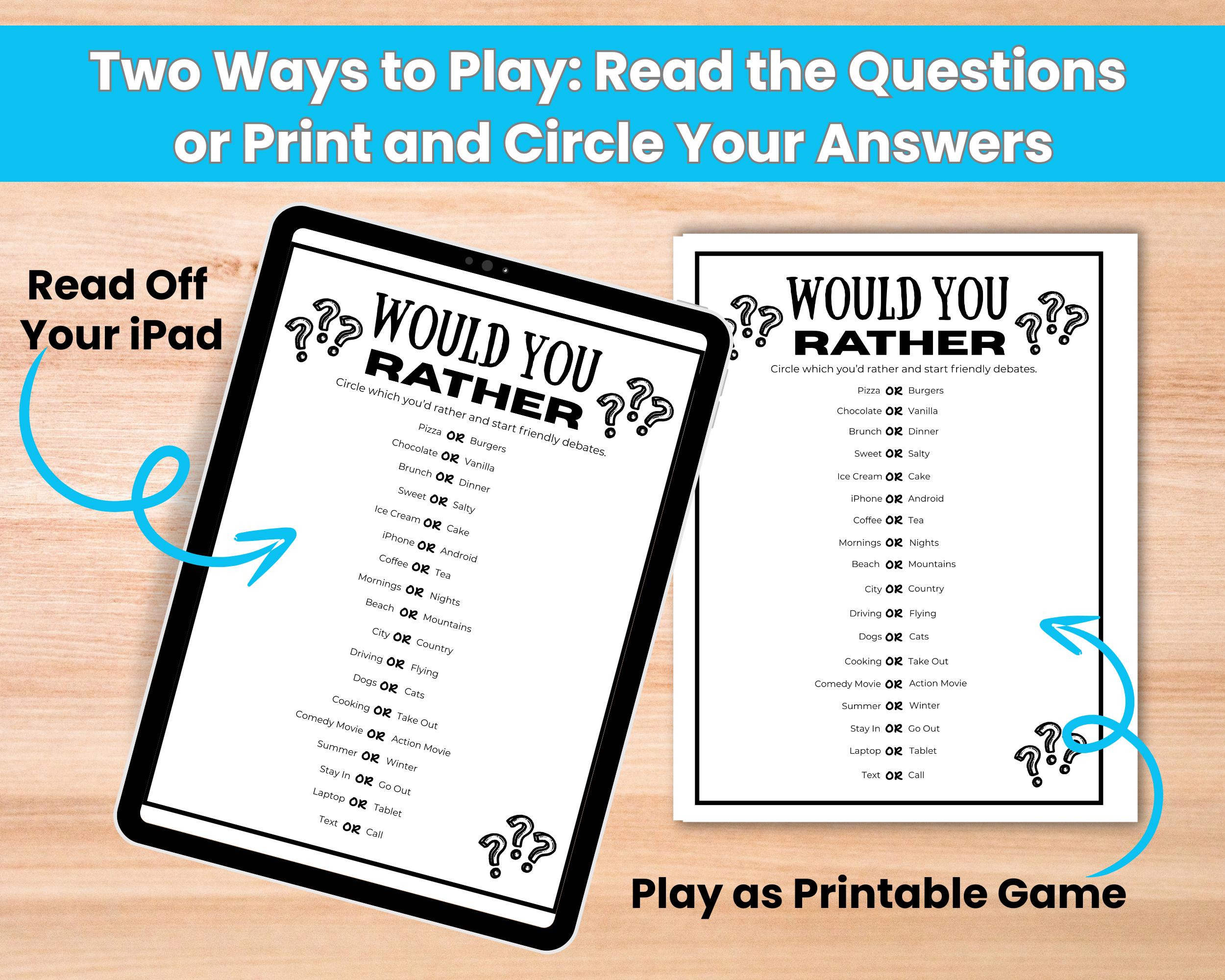 Would You Rather Game, Fun Icebreaker Game, Conversation Starters ...