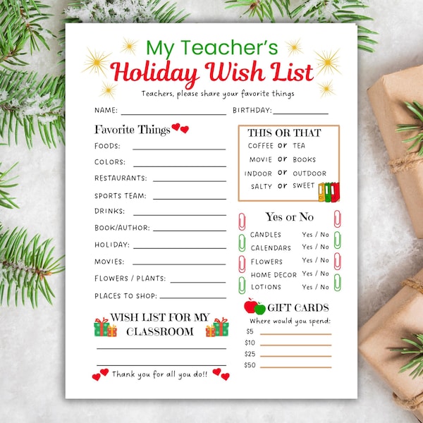 Teacher Christmas Wish List - Etsy