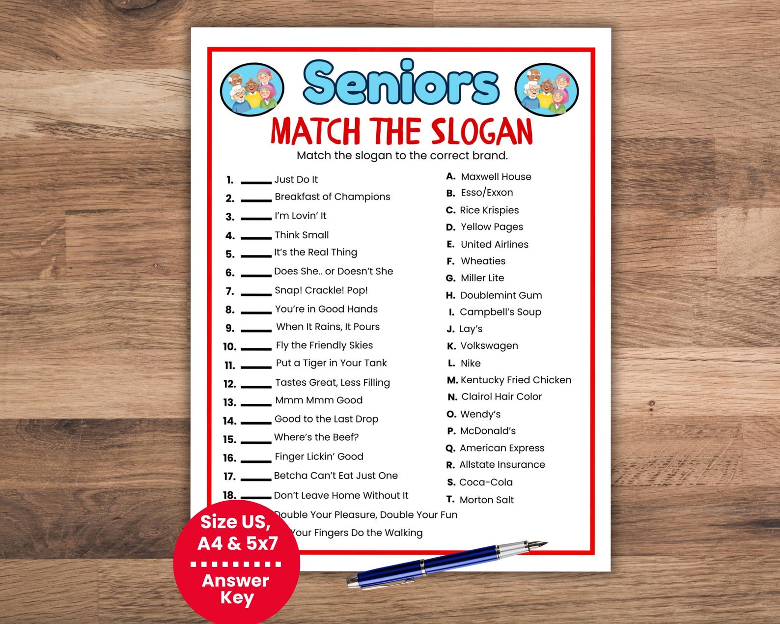 Senior Slogans Game, Ad Slogan Trivia Game for Seniors, Senior Party ...