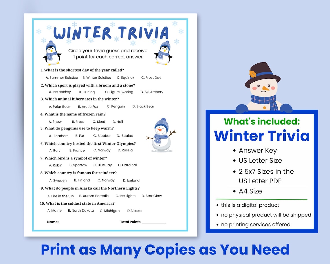Winter Trivia Game, Printable Winter Party Game, Winter Class Party ...