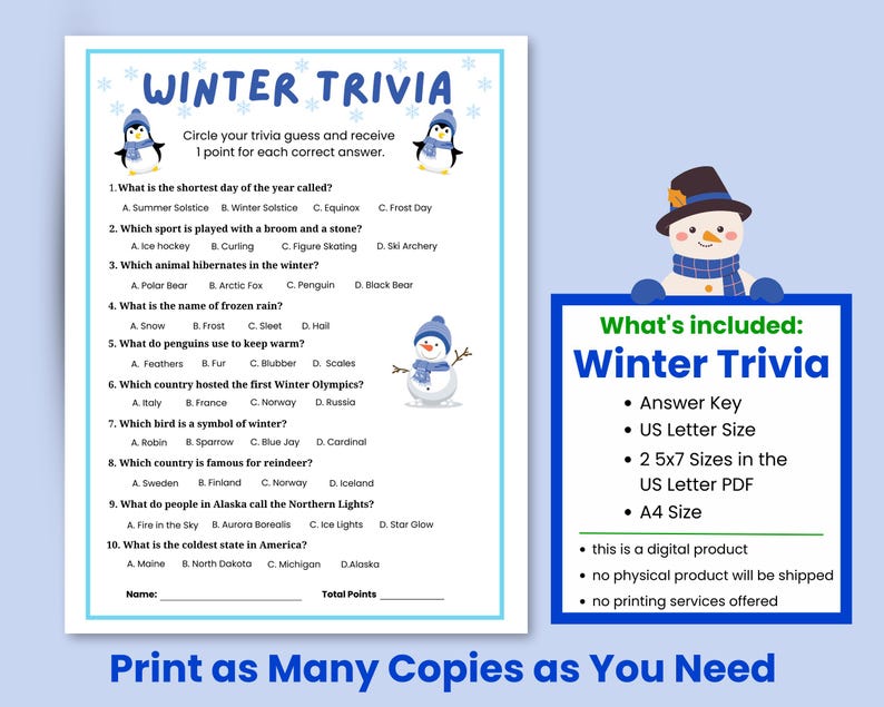 Winter Trivia Game, Printable Winter Party Game, Winter Class Party ...