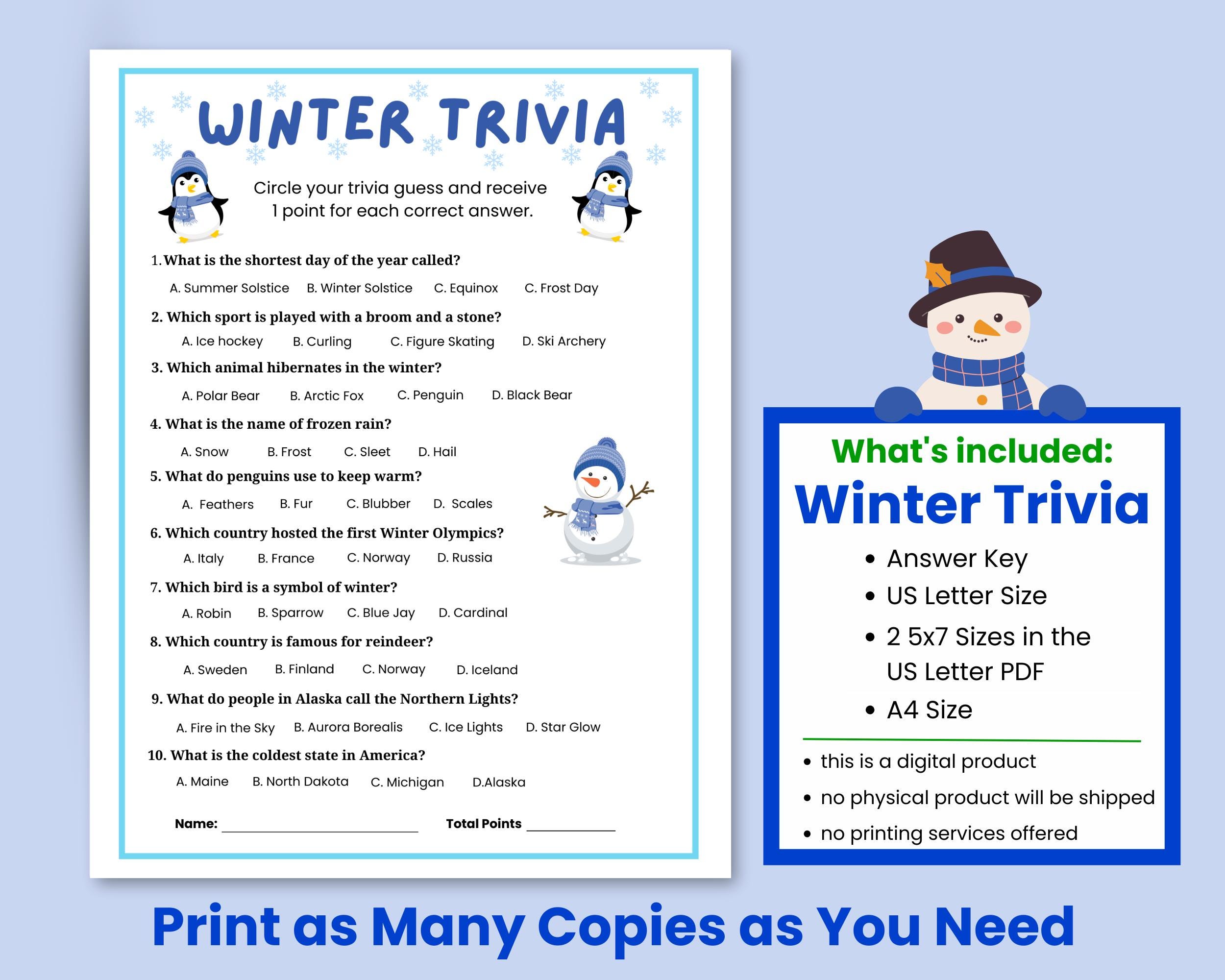Winter Trivia Game, Printable Winter Party Game, Winter Class Party ...