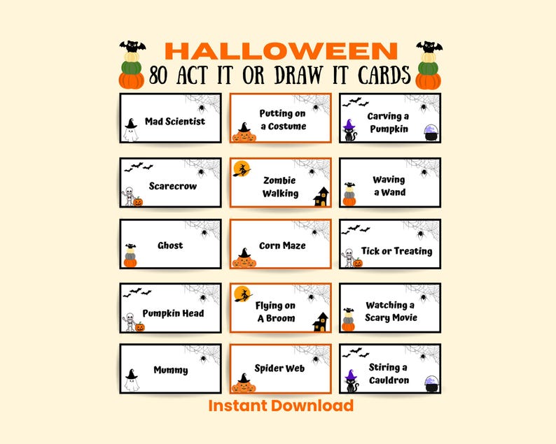 Halloween Charades Game Printable, Act It or Draw It, Fun Halloween ...