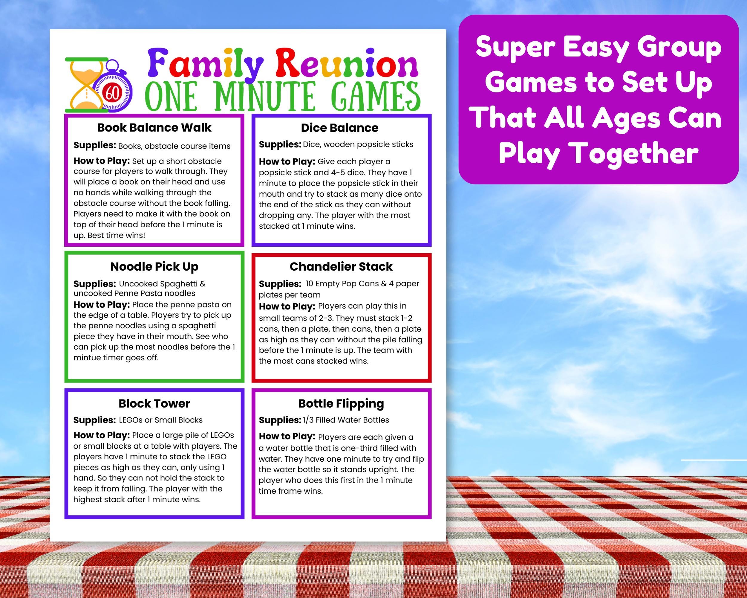 Family Reunion Minute to Win It Games, Fun Games for Reunion, Quick One ...