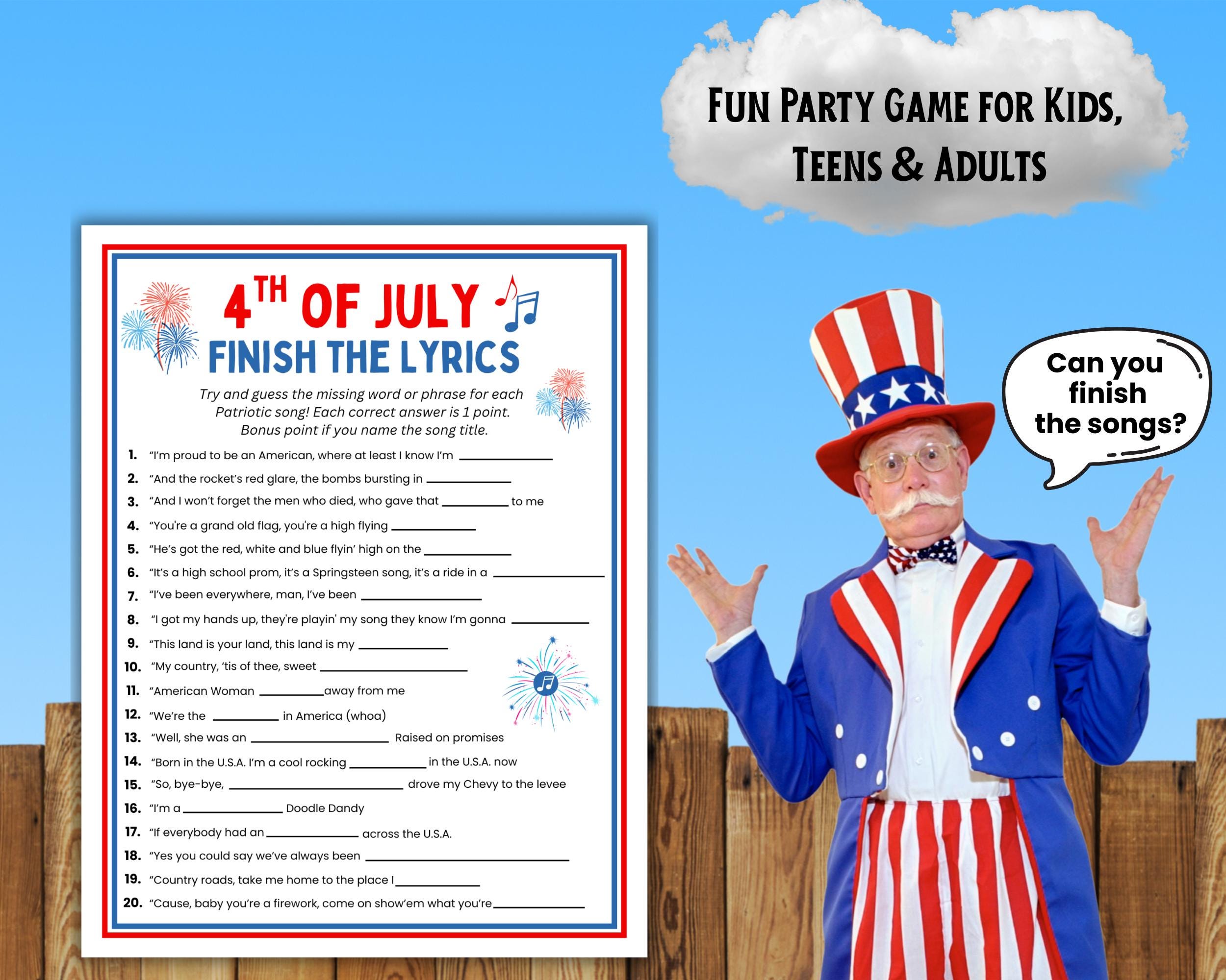 4th of July Finish the Lyrics Game, 4th of July Trivia Questions, 4th ...
