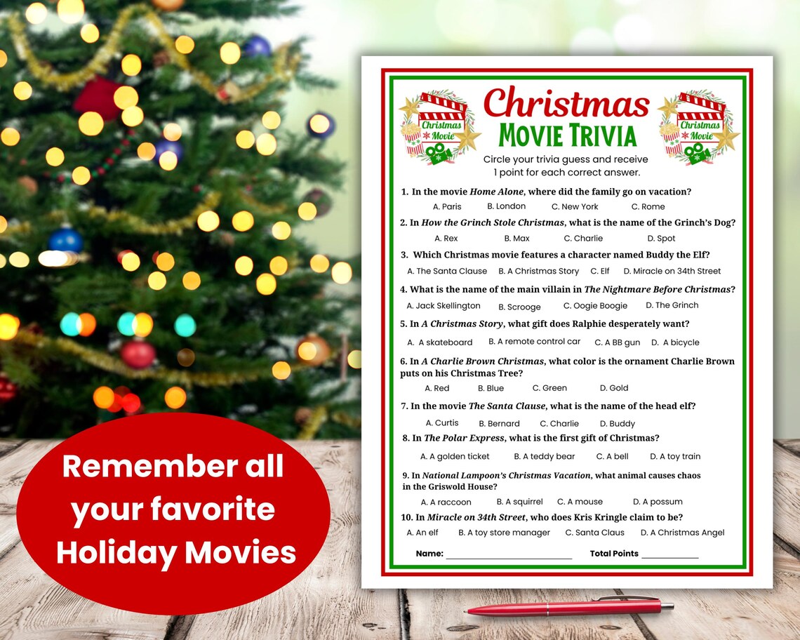 Christmas Movie Trivia Game Questions and Answers, Fun Christmas Party ...