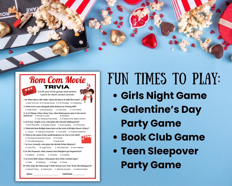 Rom Com Movie Trivia Quiz, Galentines Trivia, Romantic Comedy Trivia ...