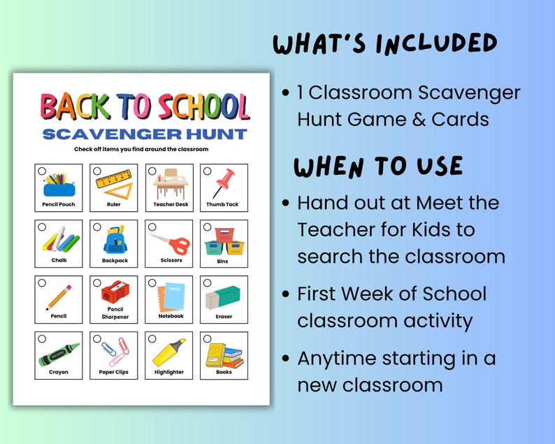 Classroom Scavenger Hunt for Kids, First Day Activities, Back to School ...