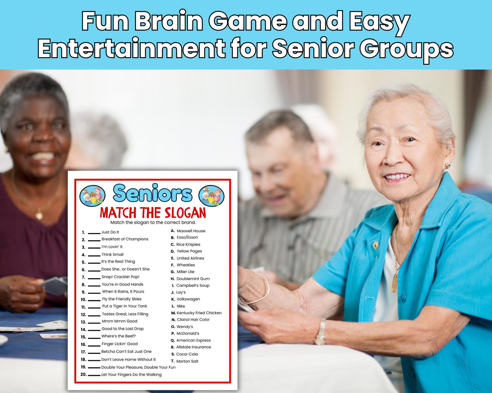 Senior Slogans Game, Ad Slogan Trivia Game for Seniors, Senior Party ...