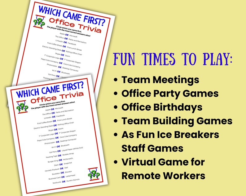 Office Trivia Game Which Came First, Fun Office Games for Staff ...