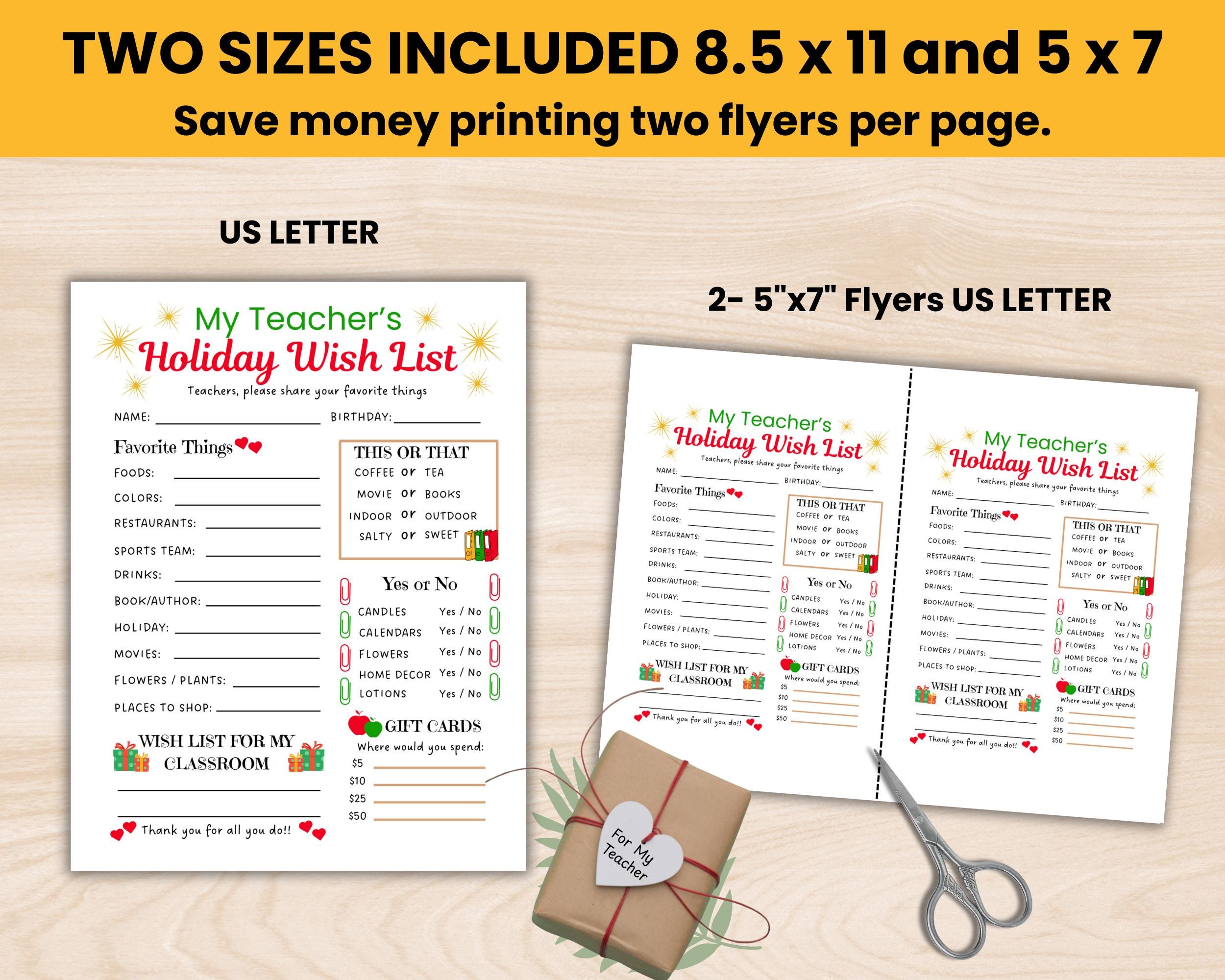 Teacher Holiday Wish List Printable, Christmas Wish List, Teacher ...
