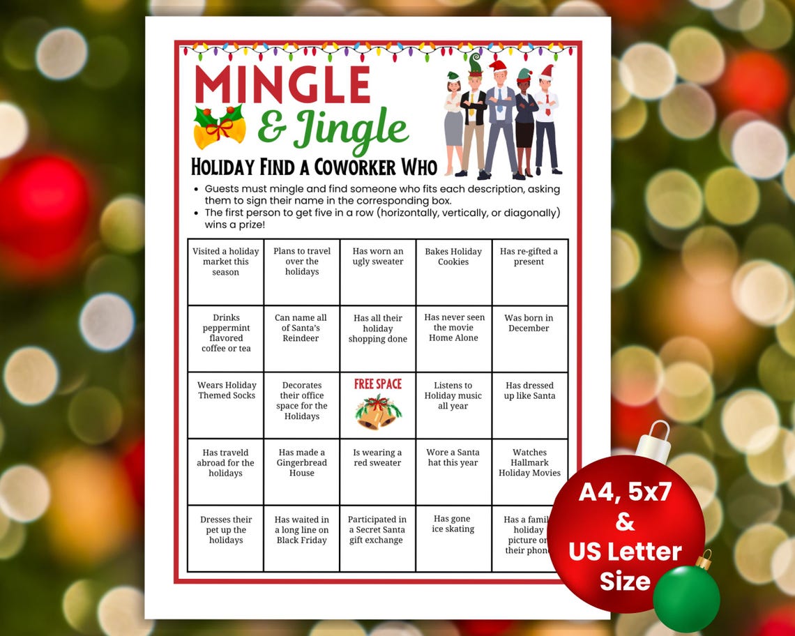 Holiday Mingle and Jingle Office Bingo, Find the Guest Bingo, Christmas Bingo, Coworker Bingo ...
