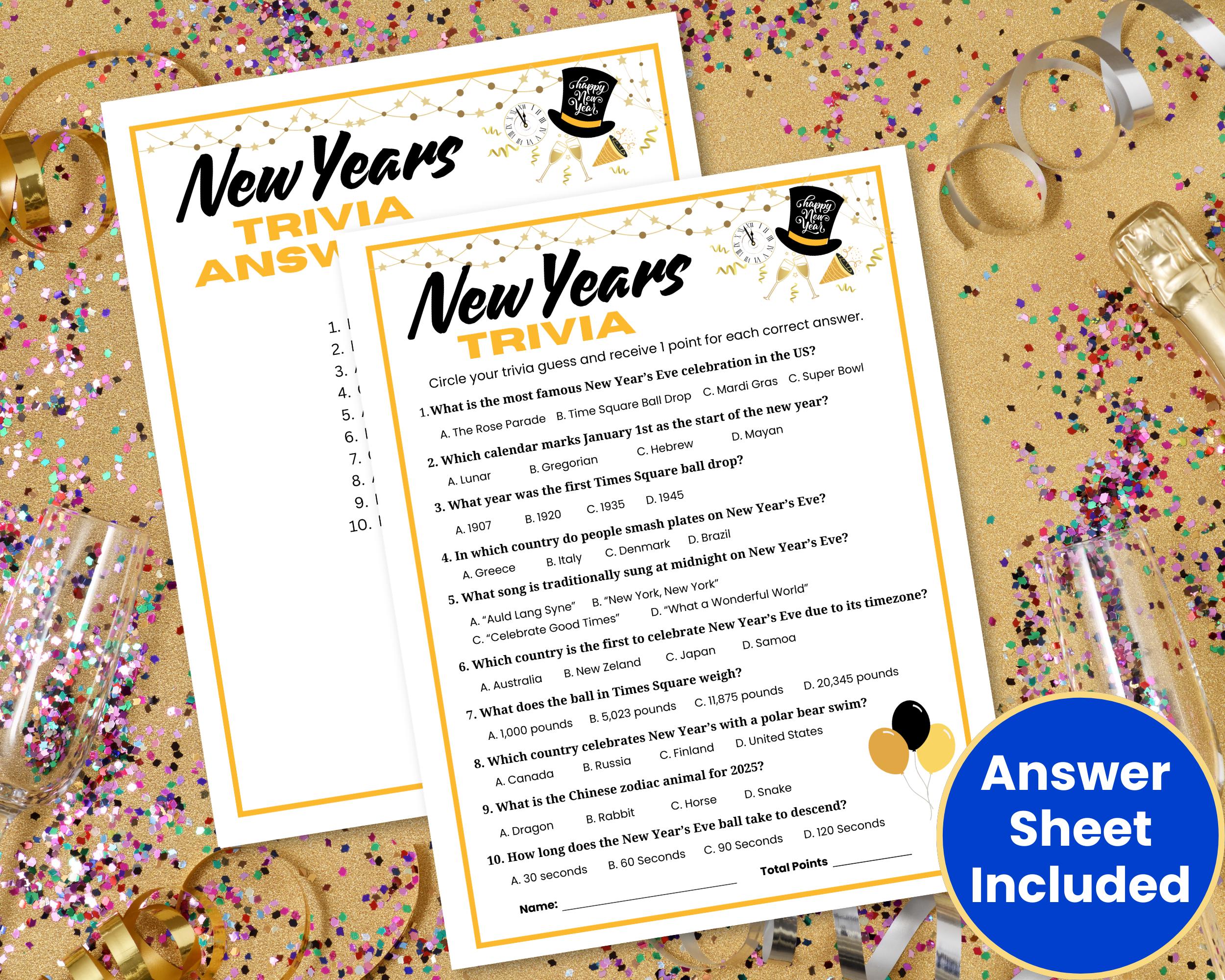New Years Trivia Game, Printable New Year's Eve Party Game, New Years ...