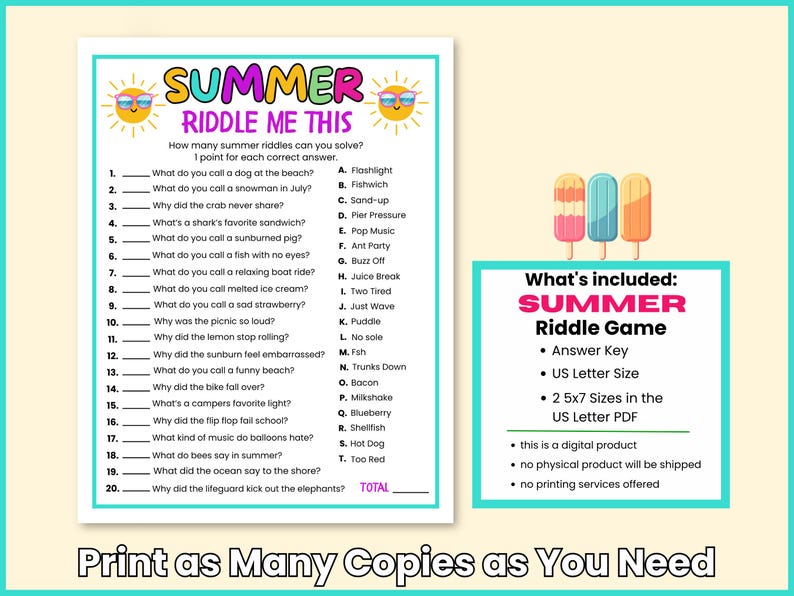 Summer Riddle Me This Game, Summer Trivia Quiz, Summer Party Games ...