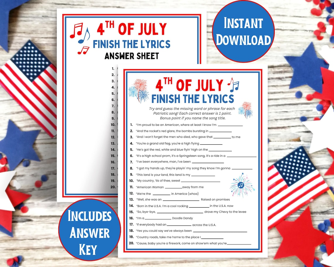 4th of July Finish the Lyrics Game, 4th of July Trivia Questions, 4th ...