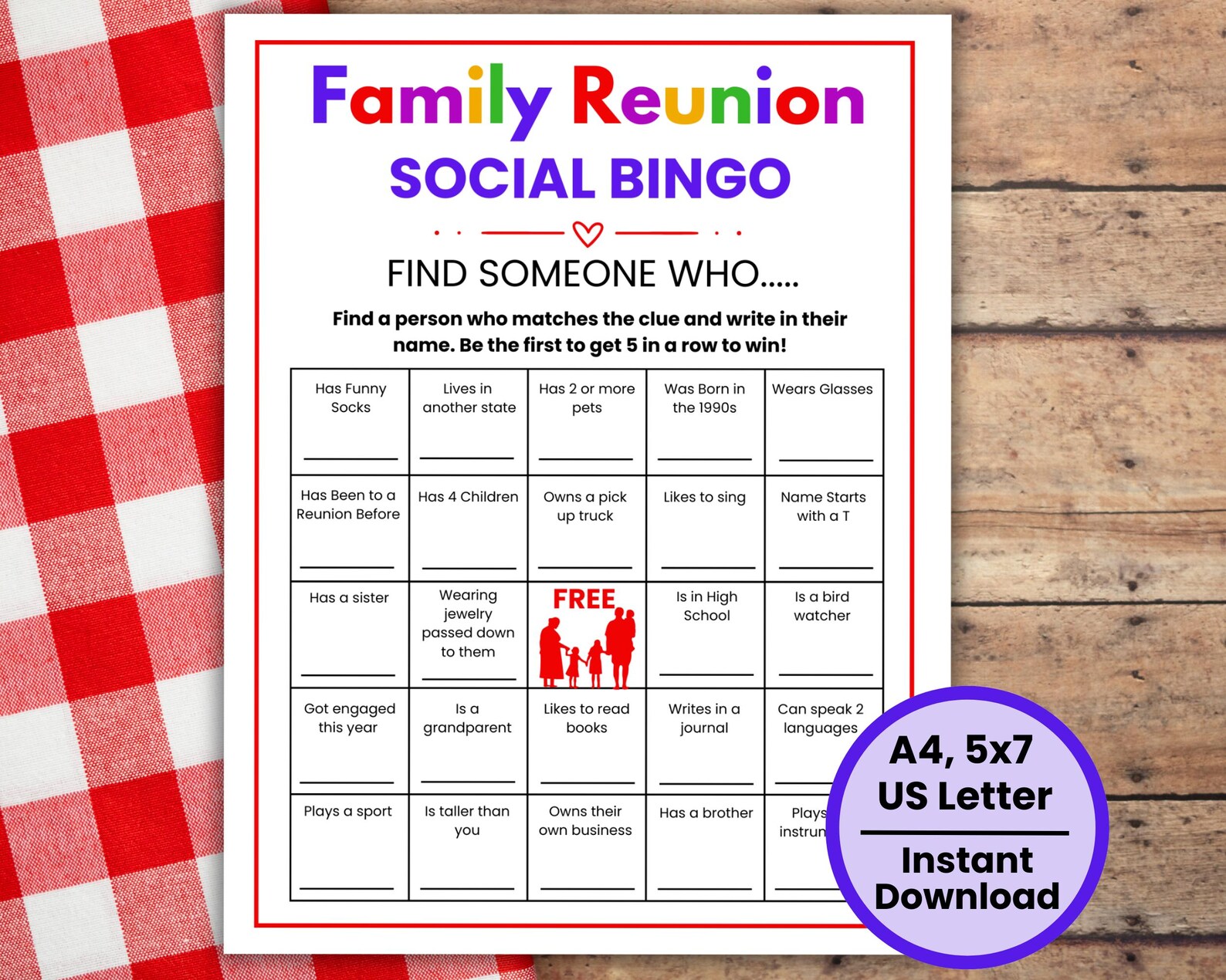 Family Reunion Bingo, Find the Guest Bingo, Family Reunion Games ...