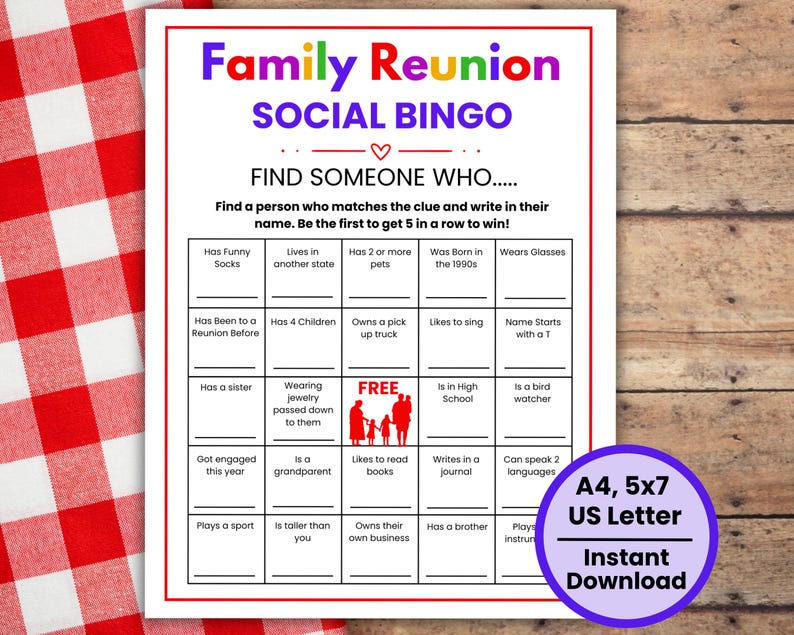Family Reunion Bingo, Find the Guest Bingo, Family Reunion Games ...