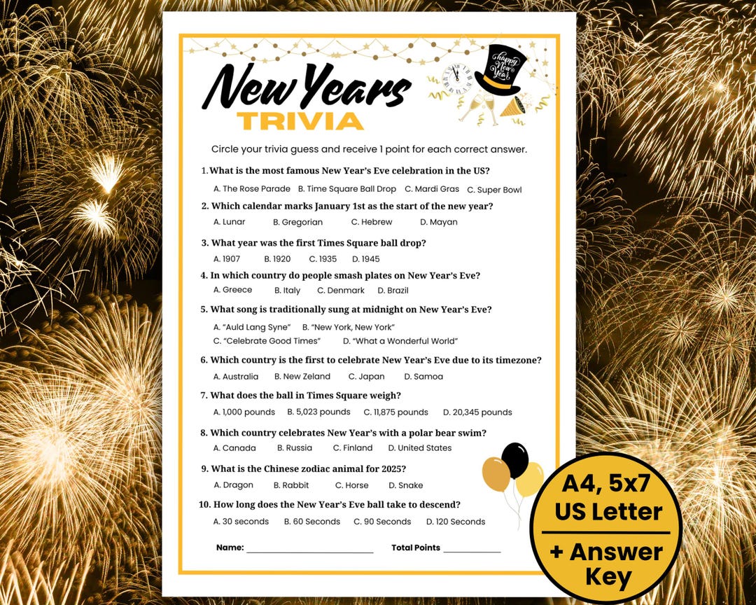 New Years Trivia Game, Printable New Year's Eve Party Game, New Years ...