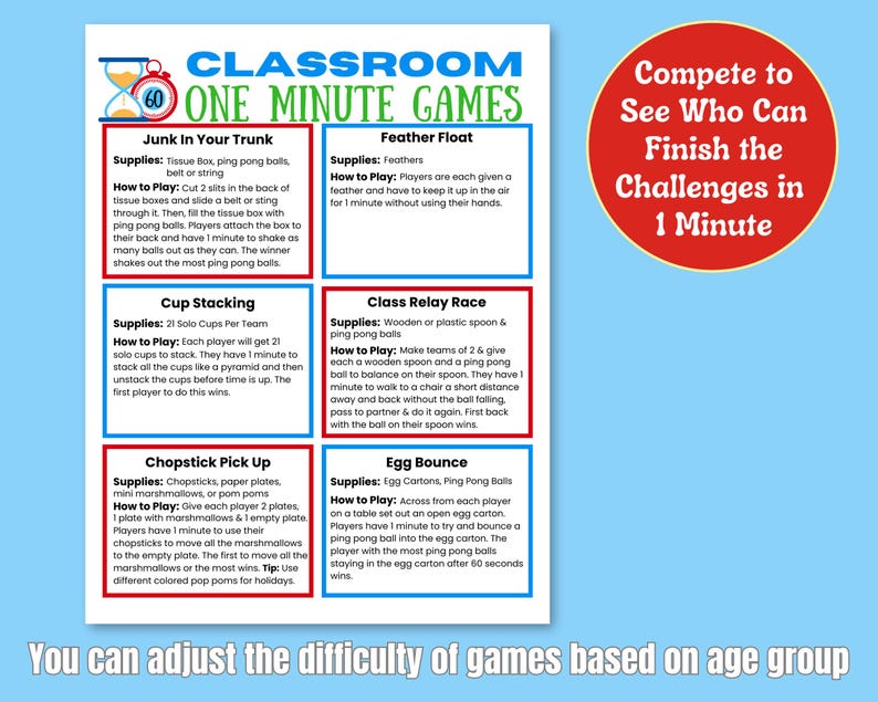 Classroom One Minute Games, Fun Classroom Games, Quick Icebreaker Games ...
