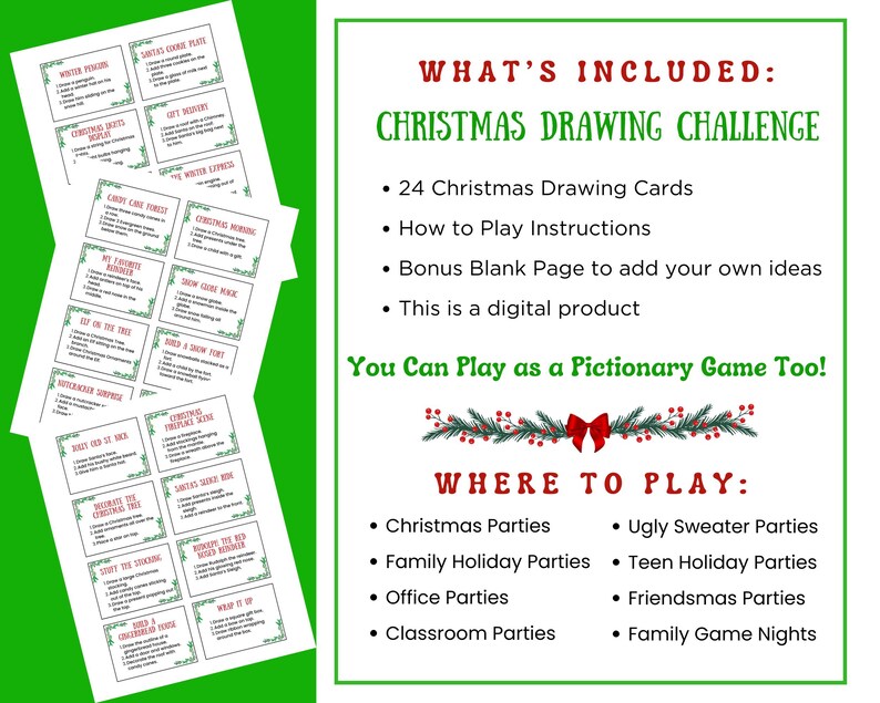 Christmas Picture Drawing Game, Holiday Drawing Challenge Cards, Fun ...