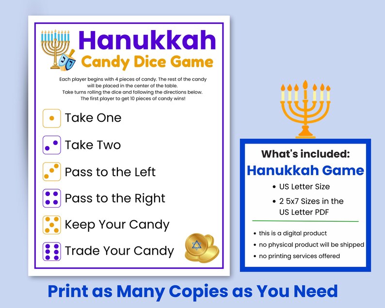 Hanukkah Candy Dice Game, Hanukkah Party Games, Hanukkah Dice Games for ...