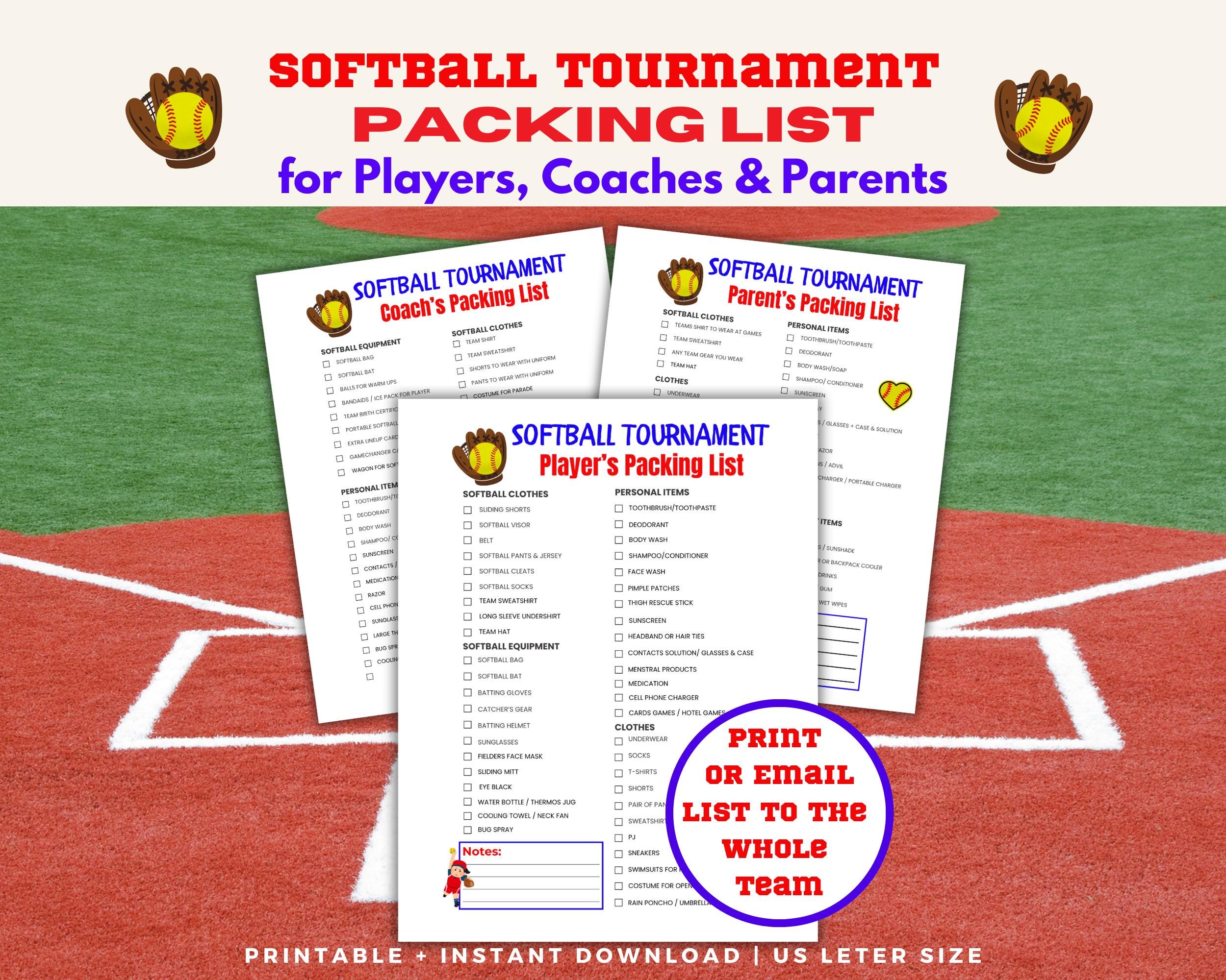 Softball Travel Checklist, Softball Tournament Packing List, Girls ...