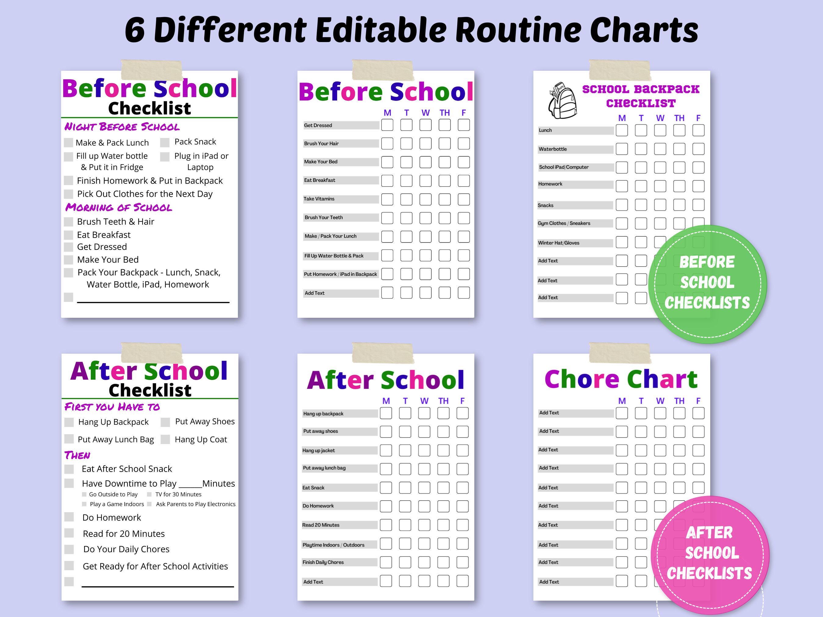 Editable Before and After School Routine Charts, Daily Checklists, Kids ...