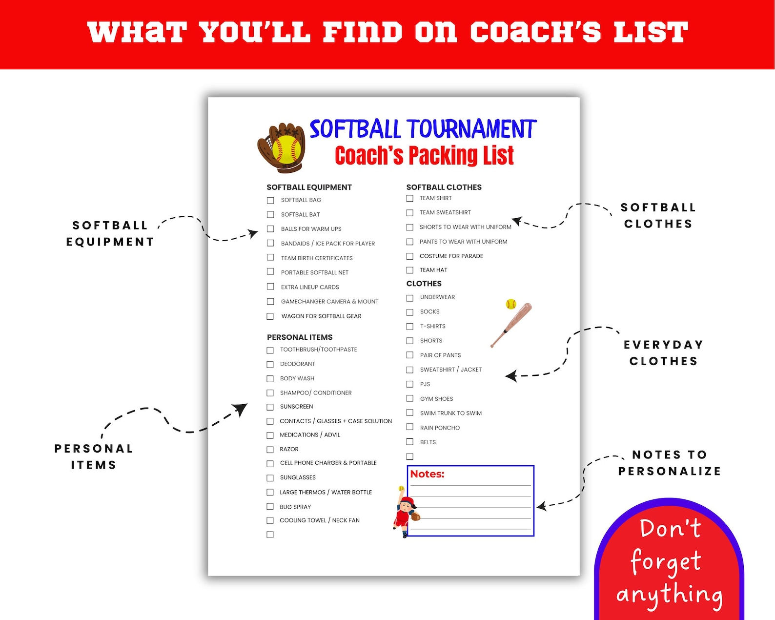 Softball Travel Checklist, Softball Tournament Packing List, Girls ...