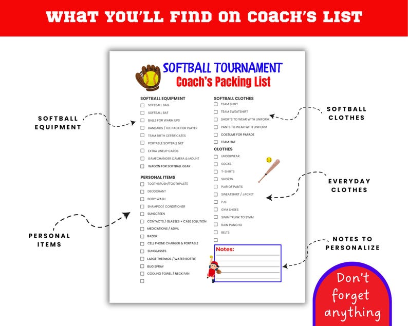Softball Travel Checklist, Softball Tournament Packing List, Girls ...