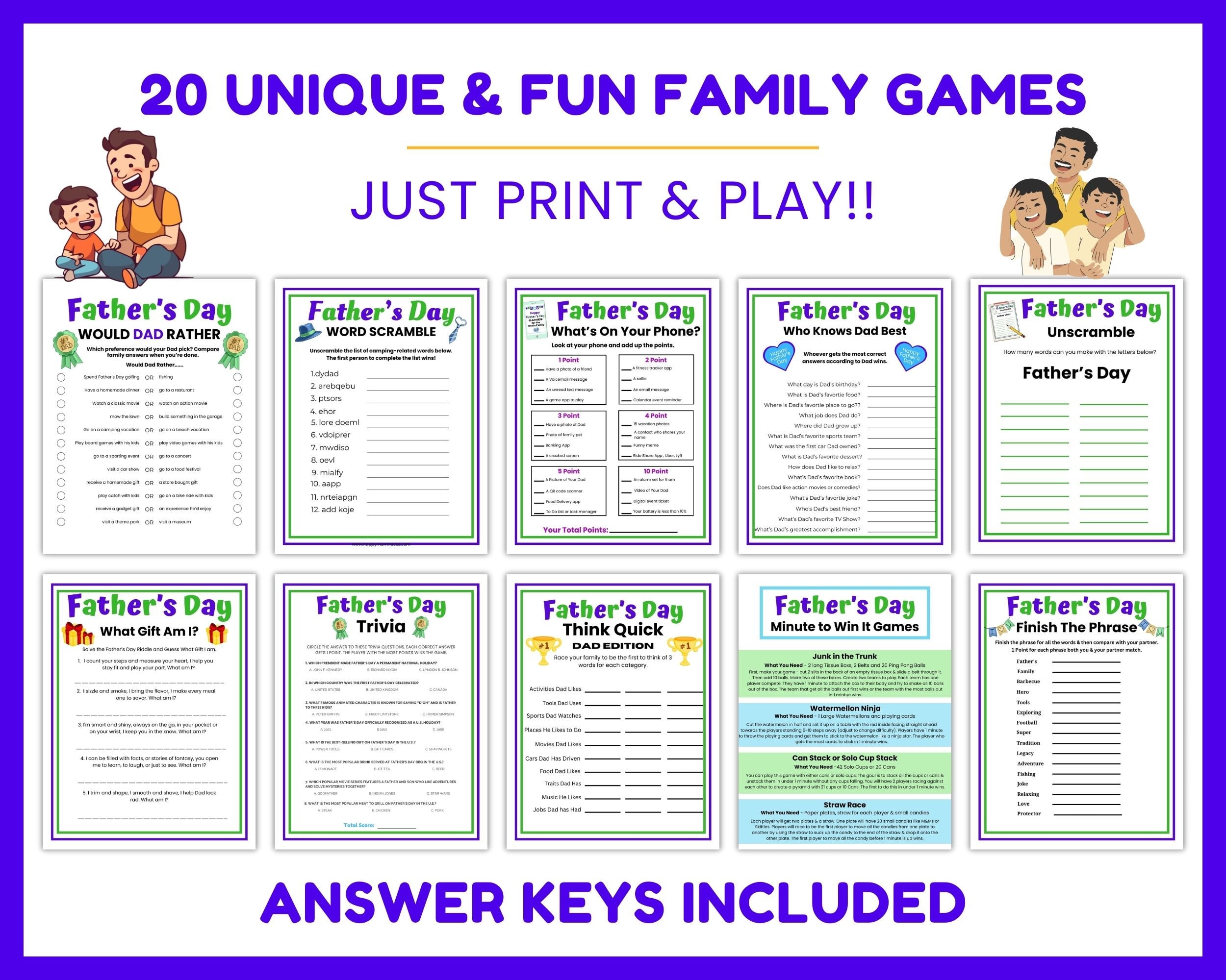 Father's Day Games Bundle, Father's Day Printable Games for Kids ...