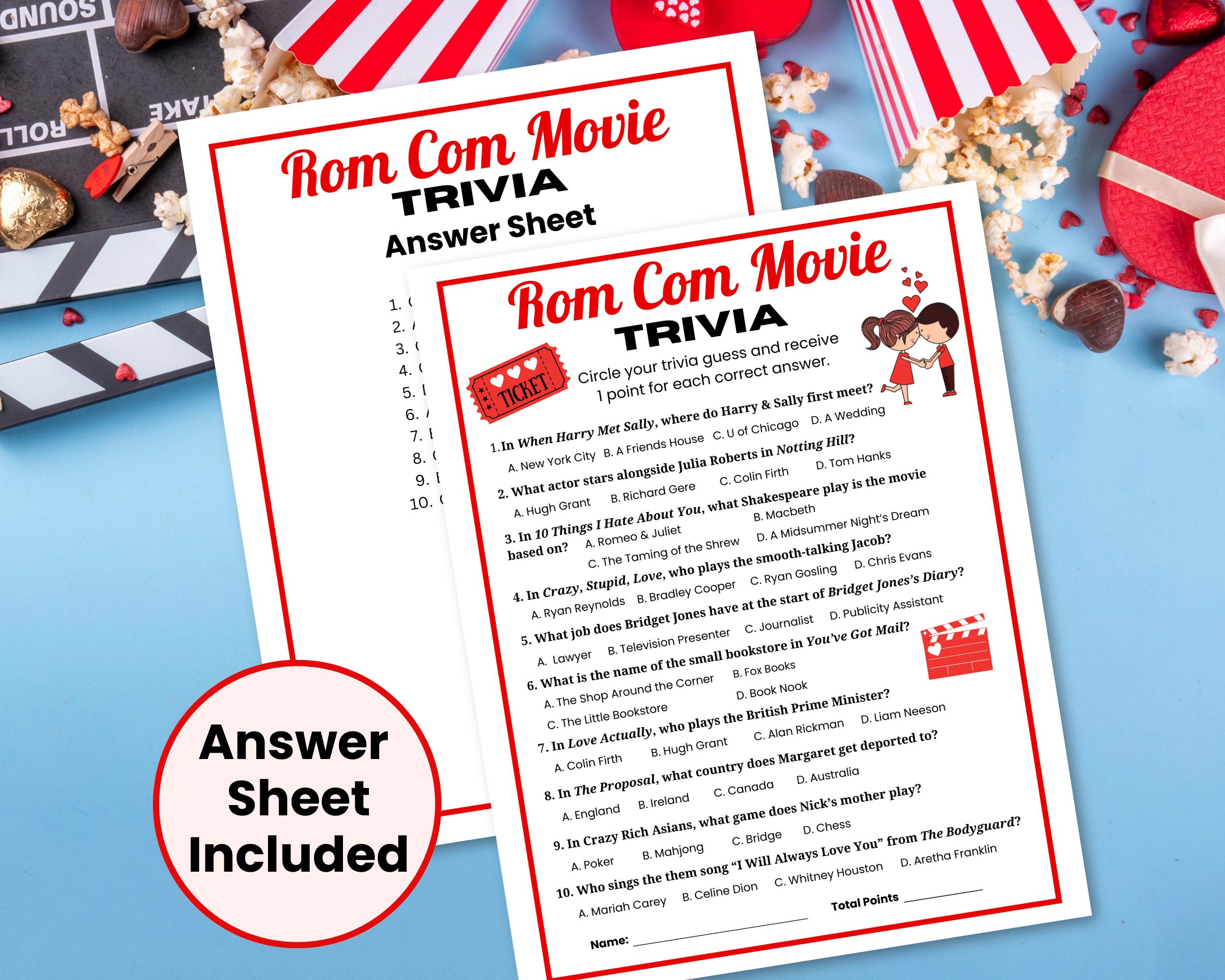 Rom Com Movie Trivia Quiz, Galentines Trivia, Romantic Comedy Trivia ...