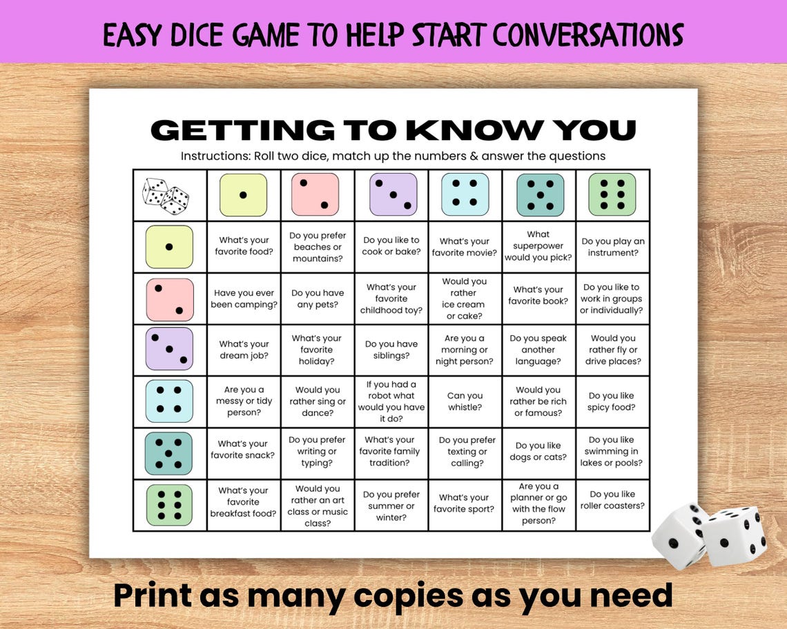Get to Know You Game, Icebreaker Games, Printable Dice Game for Teens ...