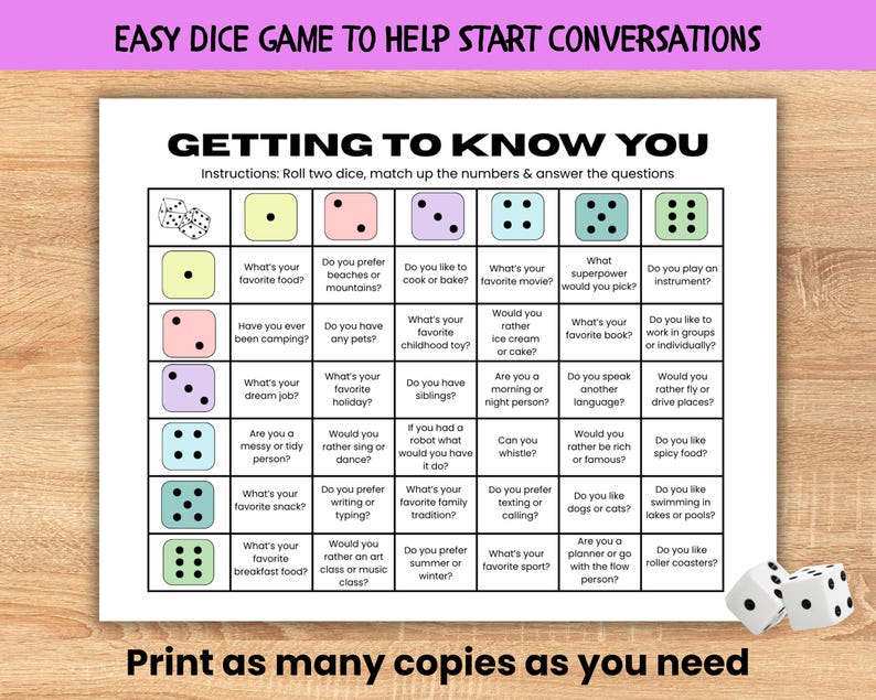 Get to Know You Game, Icebreaker Games, Printable Dice Game for Teens ...
