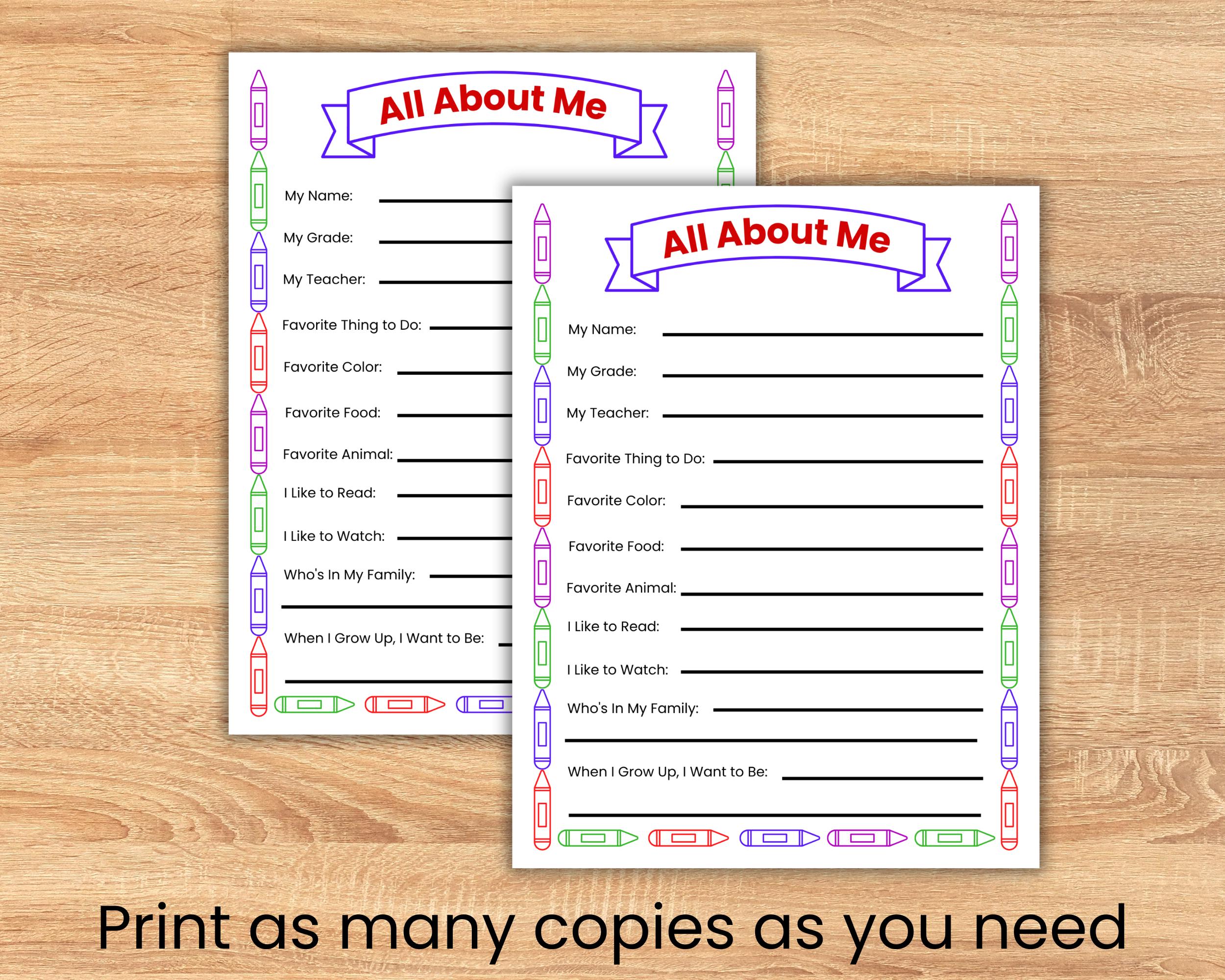 All About Me Printable, Getting to Know Me, Elementary Worksheet, Back ...