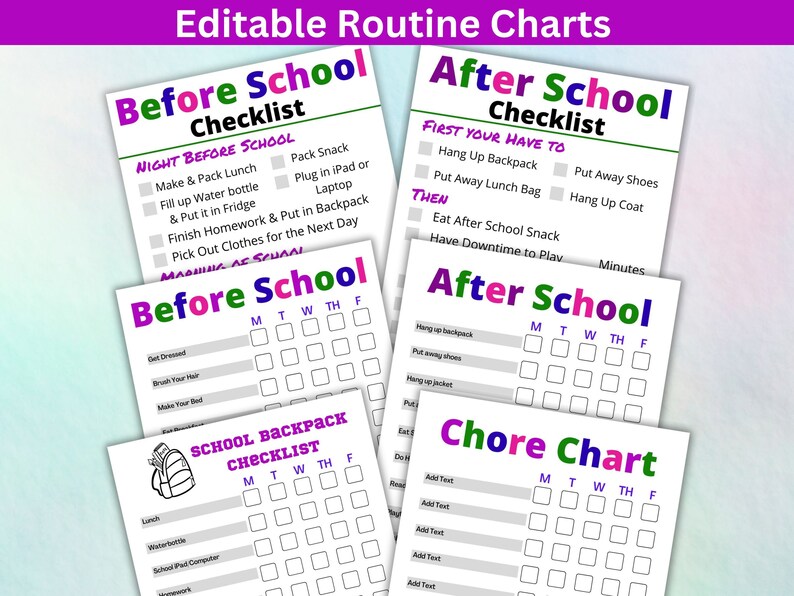 Editable Before and After School Routine Charts Daily Checklists ...