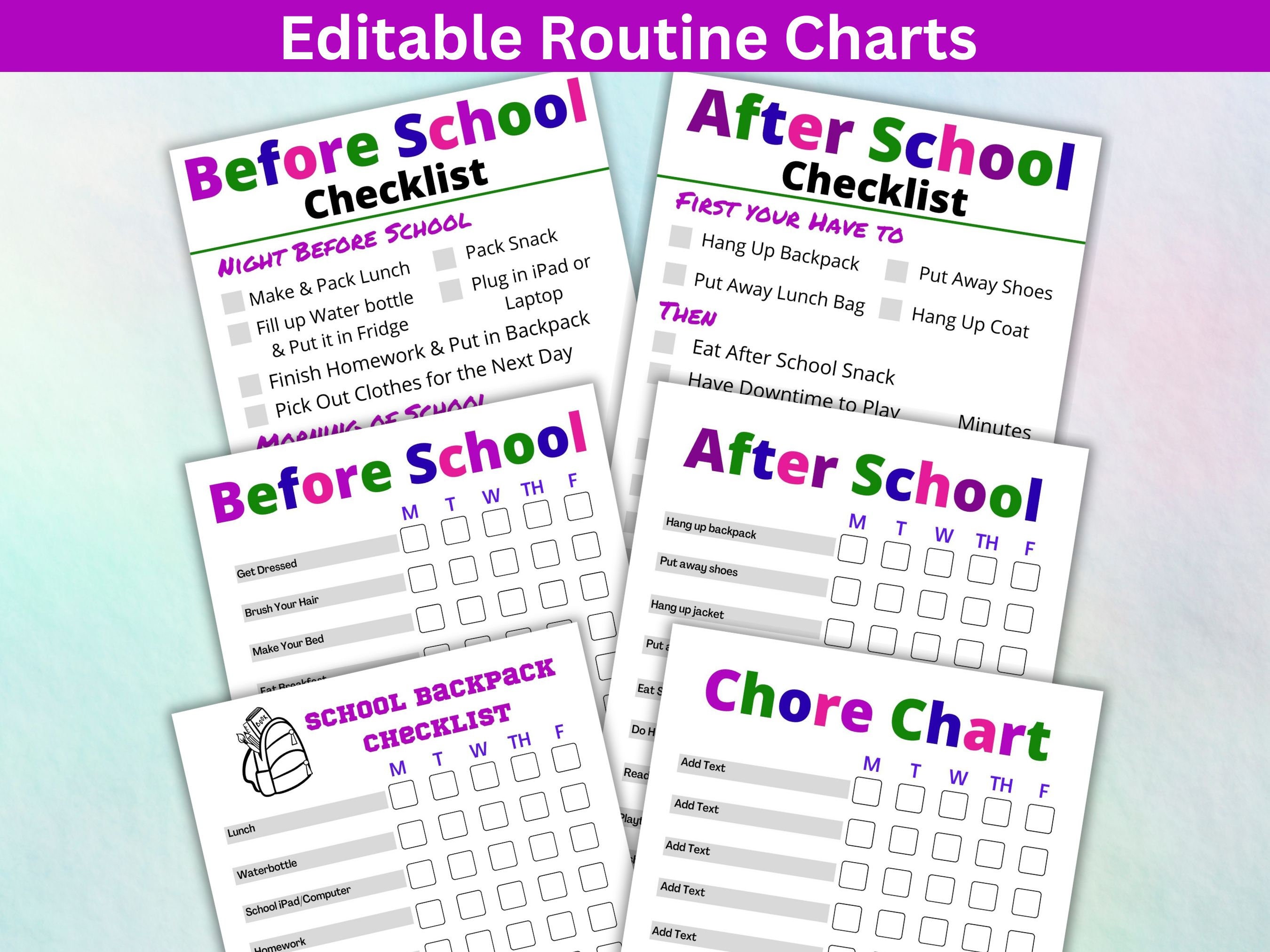Editable Before and After School Routine Charts Daily Checklists ...