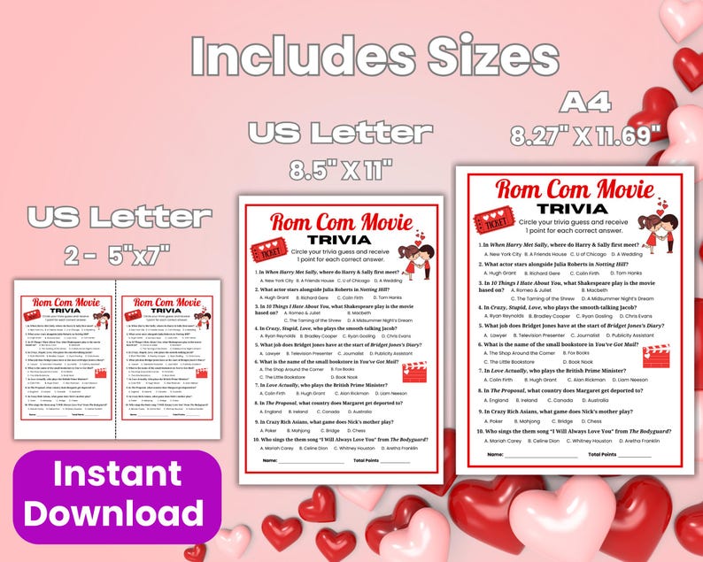 Rom Com Movie Trivia Quiz, Galentines Trivia, Romantic Comedy Trivia ...