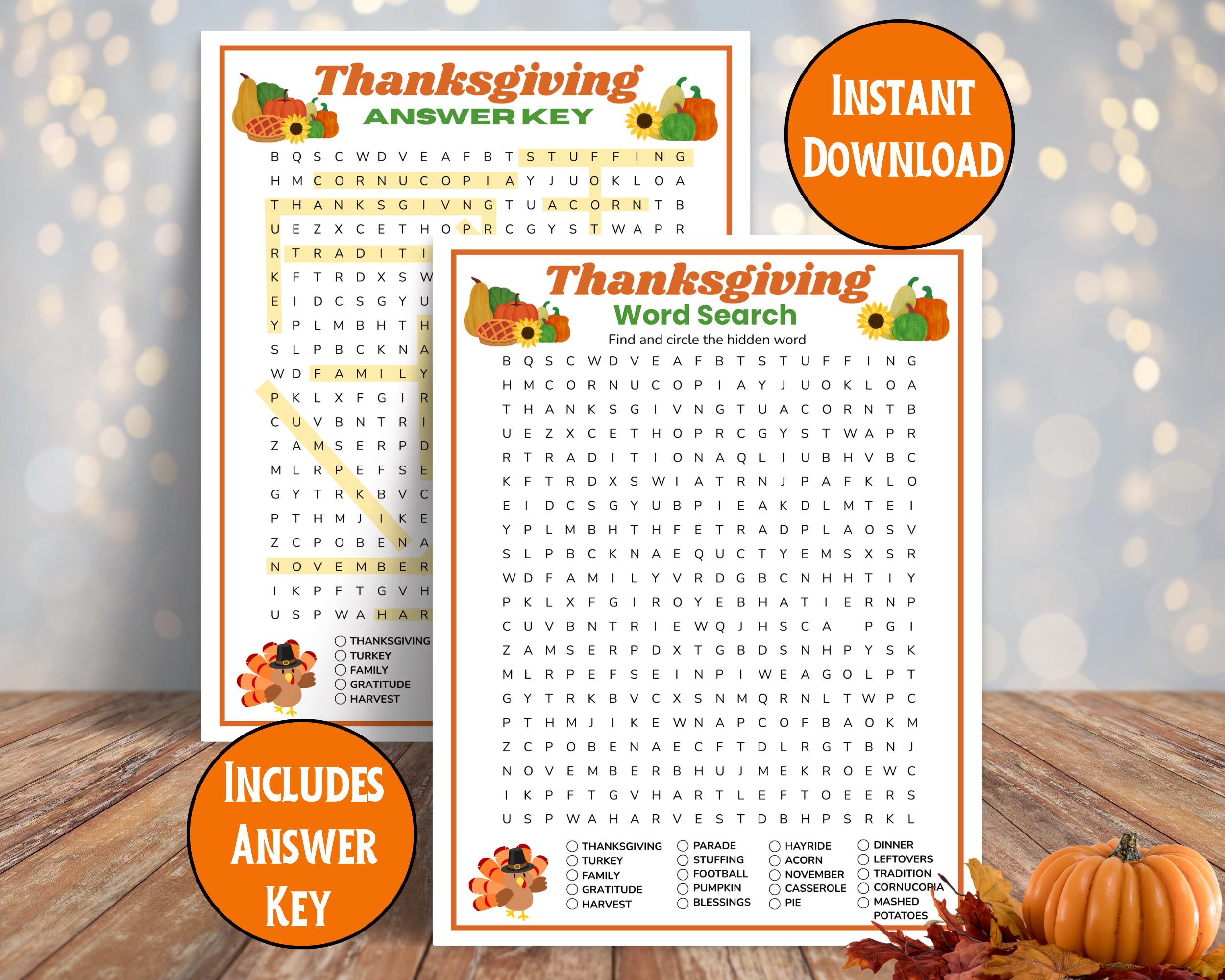 Thanksgiving Word Search Game, Printable Thanksgiving Game for Kids ...