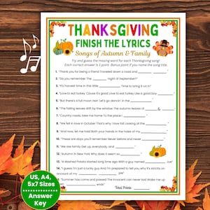 Thanksgiving Finish the Lyrics Game - Etsy